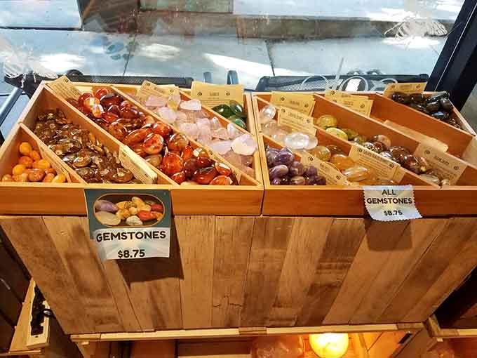 Gemstones displayed like nature's candy, proving that sometimes the best souvenirs are actually good for you.
