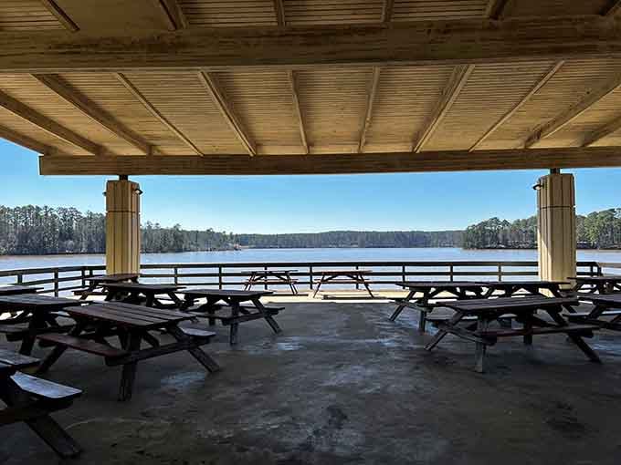 A covered pavilion where you can enjoy lake views without melting in the South Carolina sun.