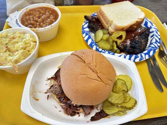 Two sandwiches, two sides, and enough food to fuel your entire afternoon adventure through rural Missouri countryside.