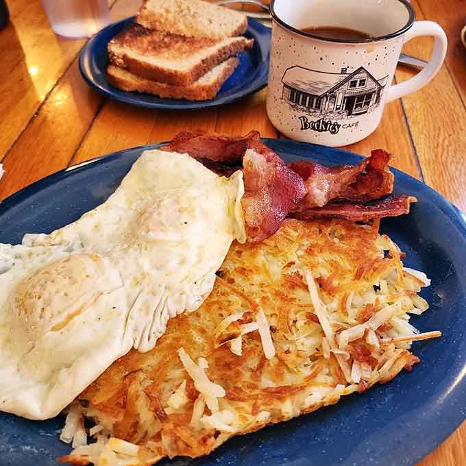 Golden hash browns, perfectly cooked eggs, and crispy bacon fuel adventures better than any energy drink ever could.