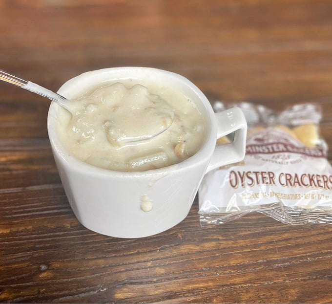Creamy clam chowder with oyster crackers on the side, because some New England traditions are simply non-negotiable and delicious.
