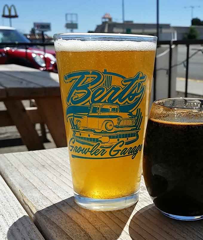 That Bert's Growler Garage glass holds liquid gold, perfect for washing down all that smoky goodness.