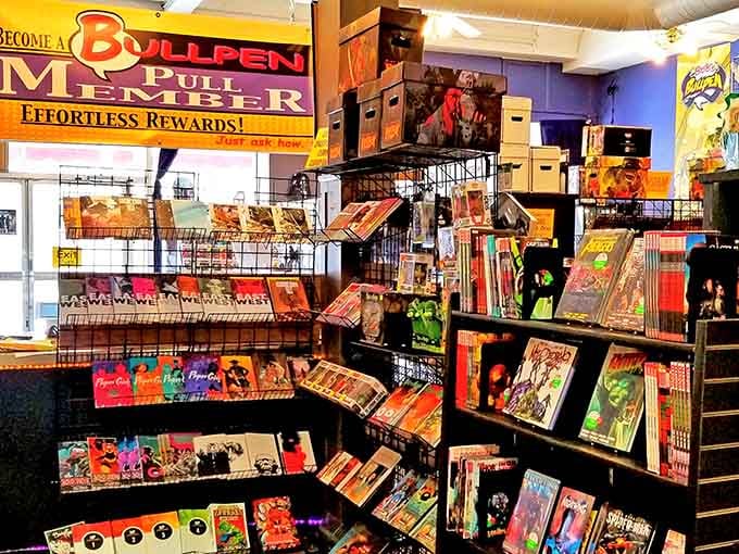 Comics stacked high enough to keep you browsing long after your hot dog arrives at the table.