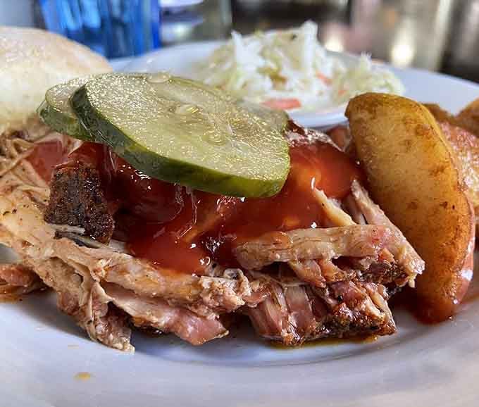 Pulled pork so tender it practically falls apart if you look at it wrong, in the best possible way.