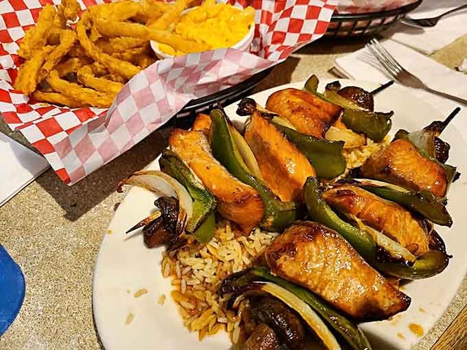 These teriyaki salmon skewers prove that Boston's Fish House isn't afraid to venture beyond traditional New England territory beautifully.