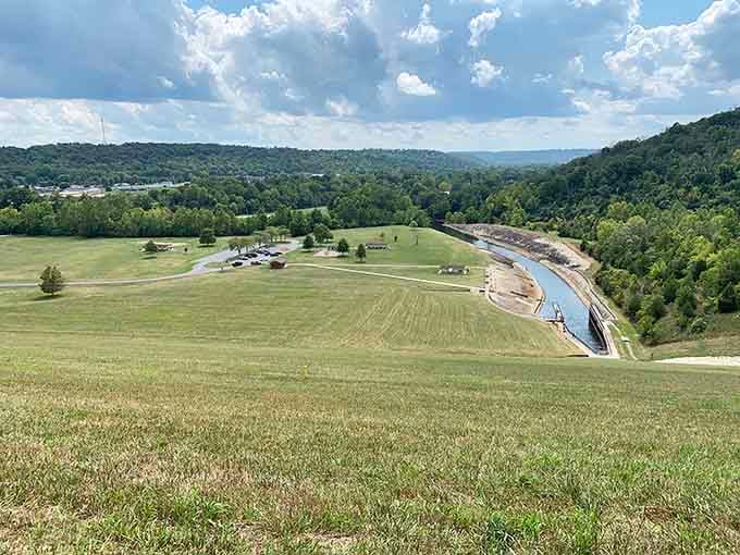 The spillway stretches across the landscape, turning flood control into an accidental work of art worth photographing.