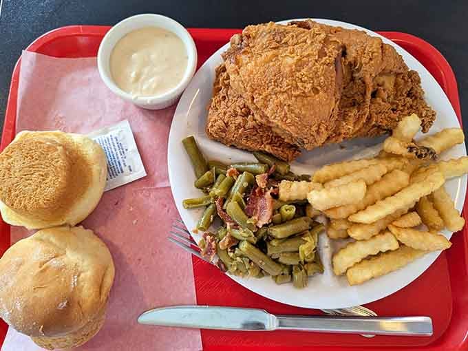 This massive piece of fried chicken comes with rolls and fries, proving bigger really is better in Texas.