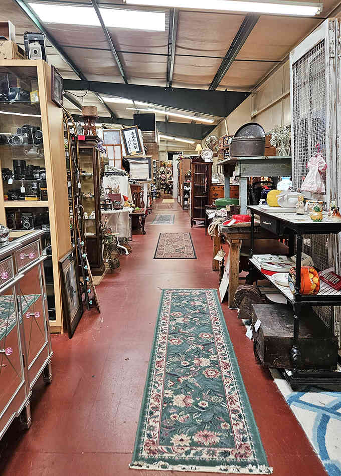 These aisles stretch on like the yellow brick road, except instead of Oz you'll find Depression glass and dovetail joints.