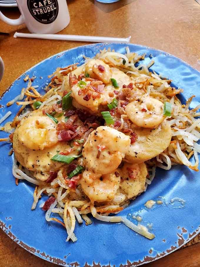 Those Low Country hash browns topped with shrimp are basically a Southern vacation on a single plate.