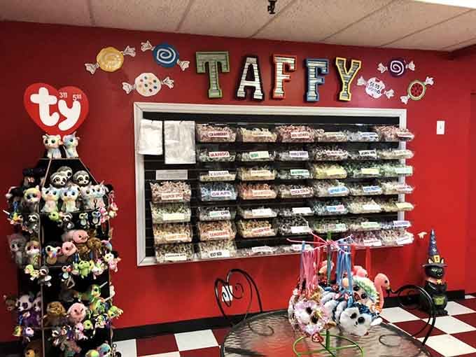 The taffy wall looks like a rainbow decided to retire in Portland and become deliciously chewy.