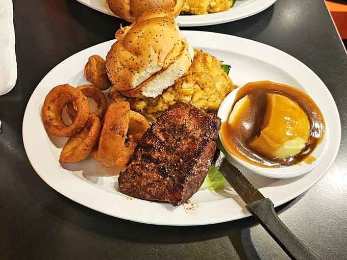 Steak, crab cake, and onion rings walk into a diner and create the most beautiful friendship ever plated.