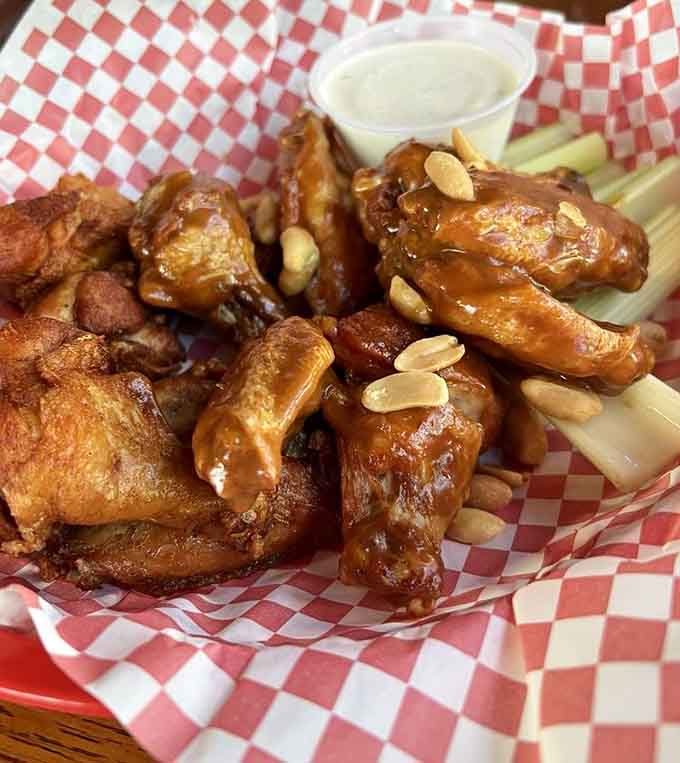 Wings glazed with Thai peanut sauce and topped with actual peanuts bring sweet heat to your taste buds.