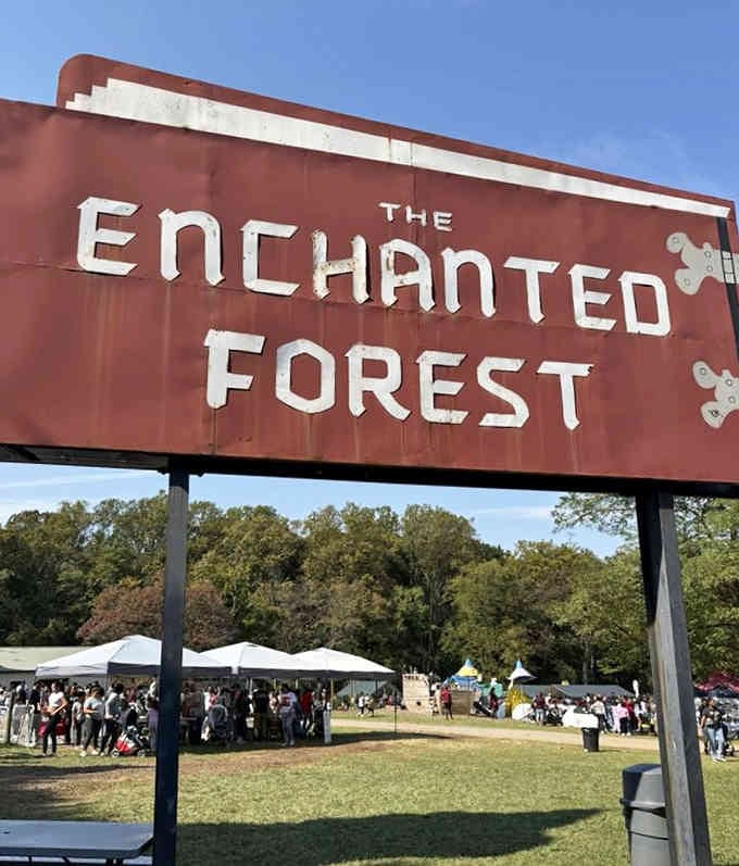 The Enchanted Forest sign stands proud, weathered like a beloved family photo album that's been thumbed through for generations.