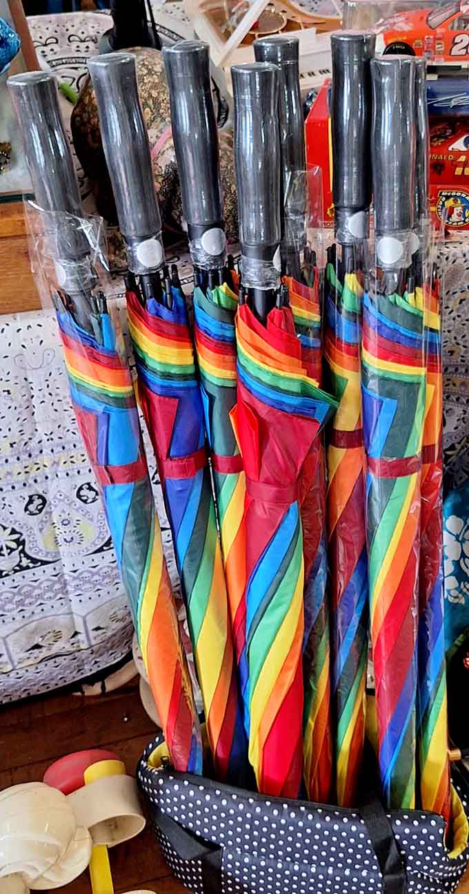 Rainbow umbrellas standing at attention, ready to brighten both rainy days and your wallet's bottom line.