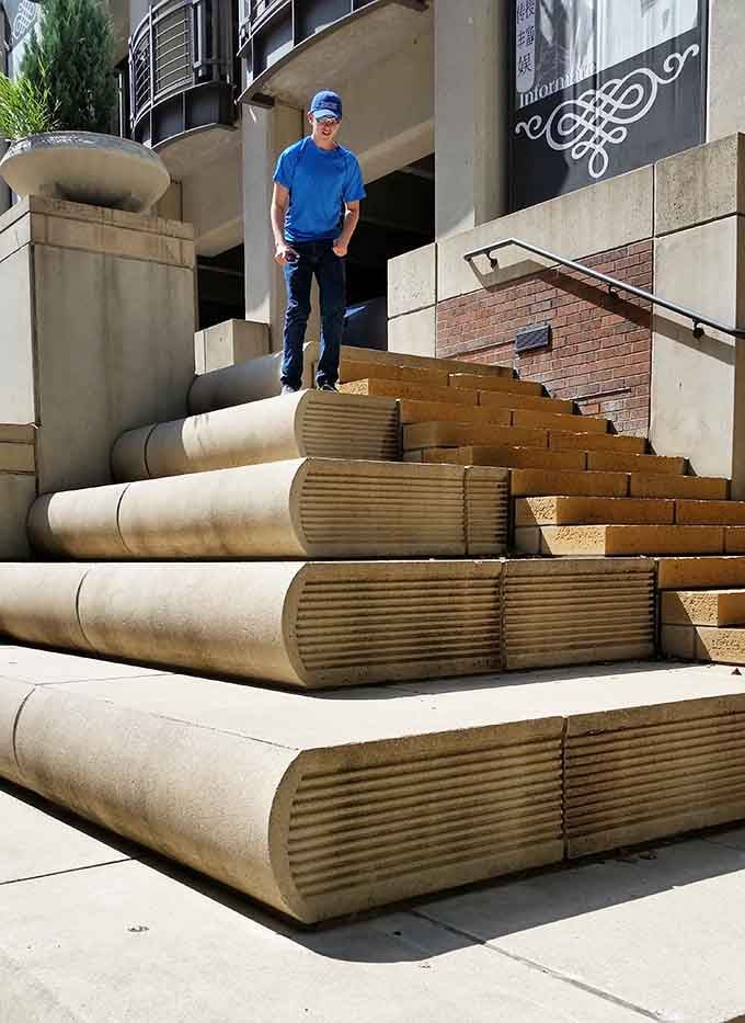 Those aren't ordinary steps; they're giant books inviting you to climb into a world of imagination.