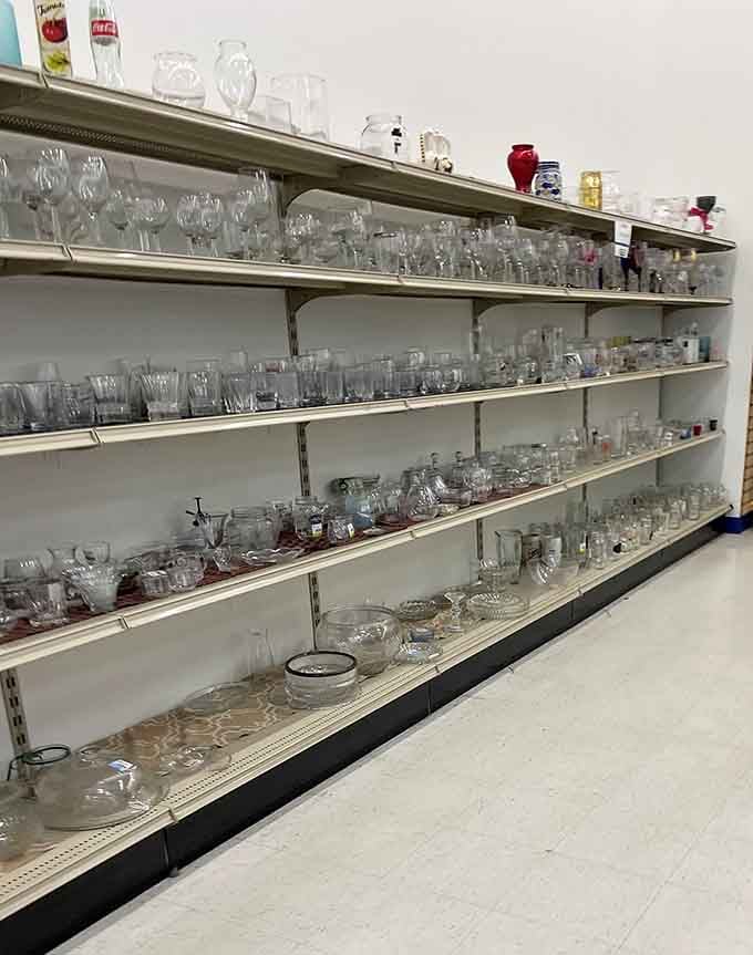 Crystal and glassware gleaming like a fancy dinner party waiting to happen, minus the fancy dinner party prices.