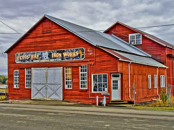 The historic Iron Works building stands as a reminder that this town built real things with real hands.