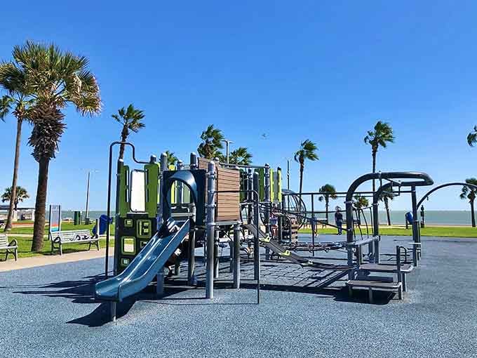 Water's Edge Park playground equipment that won't cost you a theme park admission just to tire out the grandkids.
