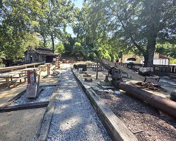 Gold panning stations ready for modern-day prospectors seeking their fortune, one pan at a time.
