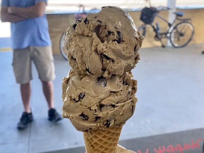 This double-scoop cone defies gravity and good judgment, towering like a delicious Leaning Tower of Pisa you can eat.