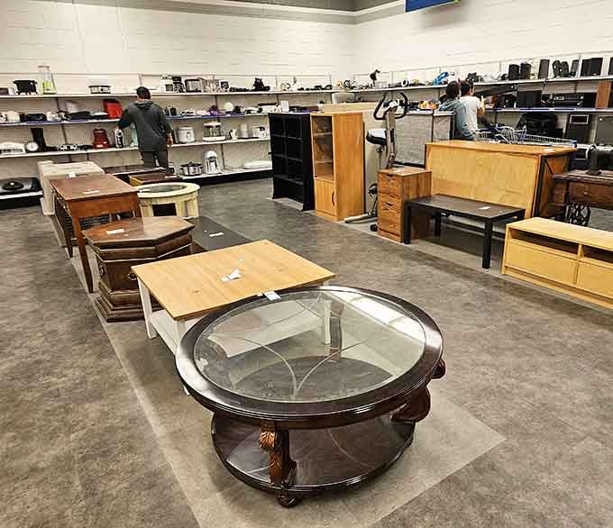 Glass-topped tables and wooden dressers mingle together like guests at the world's most eclectic dinner party.
