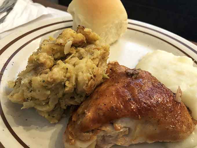 Golden rotisserie chicken with stuffing and mashed potatoes: this is what Sunday dinner dreams are made of.