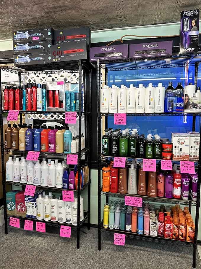 Professional-grade hair products line up like soldiers, ready to transform your bathroom into a salon without the appointment.