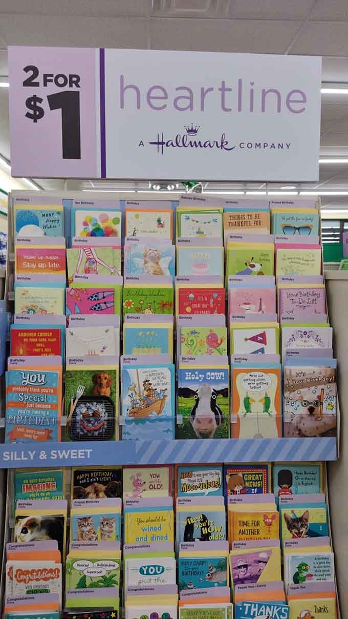 Two greeting cards for a dollar beats spending six bucks on fancy paper that gets tossed anyway.