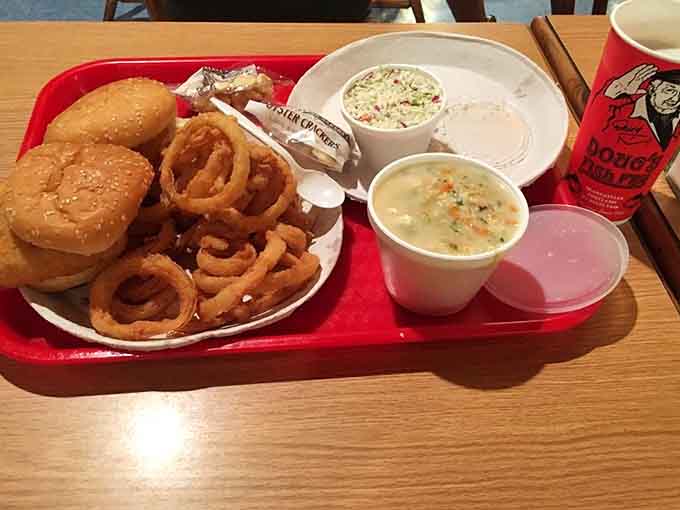 A complete Doug's experience: golden fish, crispy rings, and chowder that'll haunt your dreams in the best way.