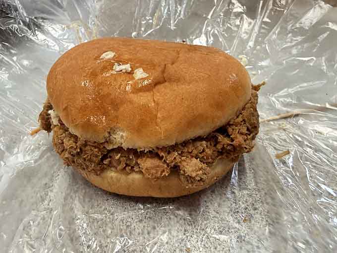 This pork barbecue sandwich on a soft bun proves that sometimes the simplest presentations deliver the most satisfying flavors.