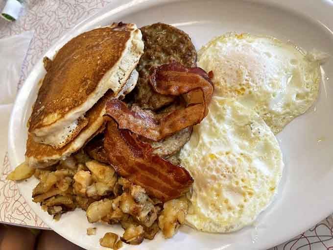 This breakfast plate understands that "light and healthy" are words best saved for another meal entirely.