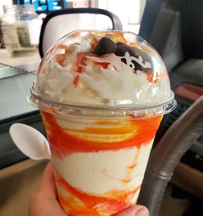 Orange and strawberry swirled together like a sunset you can actually drink through a very sturdy straw.