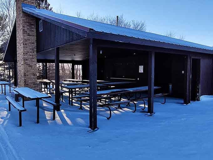 Even in winter, this pavilion stands ready to host your picnic dreams&mdash;just add hot chocolate and extra layers of common sense.