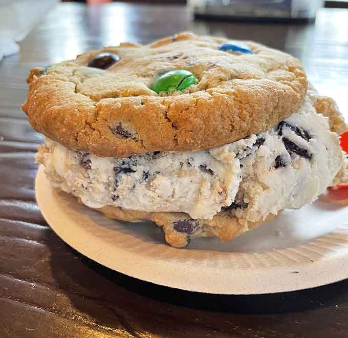 When cookies meet ice cream in perfect harmony, you get this glorious sandwich that requires both hands and zero regrets.