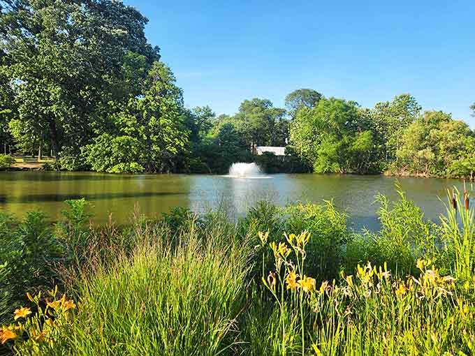 The pond offers a peaceful counterpoint to the floral fireworks, complete with a fountain that adds its own gentle soundtrack.