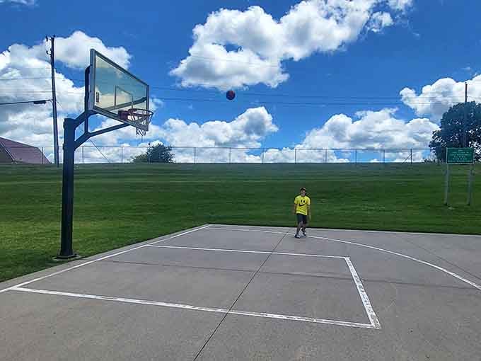 Empty basketball courts on a perfect day mean you can actually play without waiting for your turn.