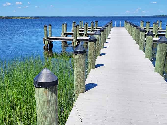 This pristine dock stretches into Back Bay like a wooden runway to tranquility, minus the TSA security lines.
