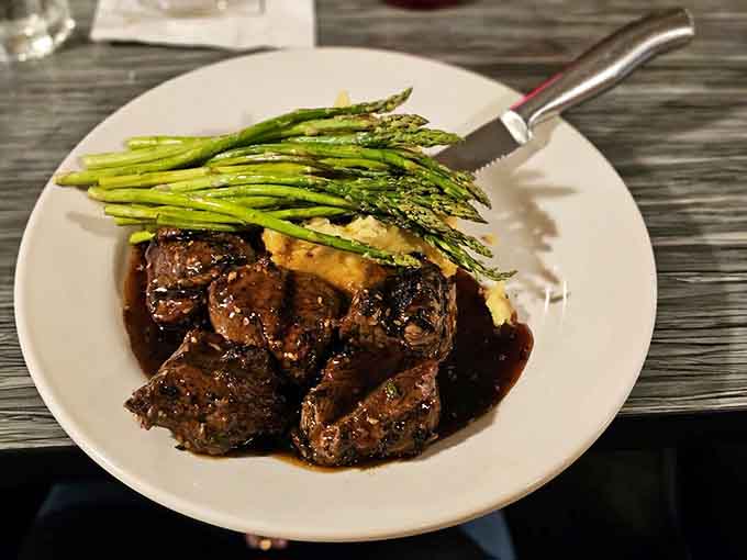 Steak tips with asparagus prove that sometimes you need a break from seafood, even when surrounded by the Atlantic.