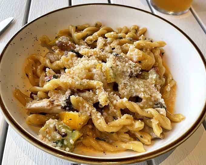 Gemelli pasta gets the farm-fresh treatment with ingredients that were probably neighbors just hours ago.