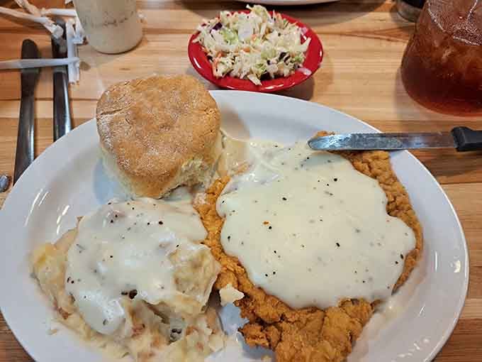 Chicken fried steak smothered in gravy, because subtlety is overrated when it comes to deliciousness.