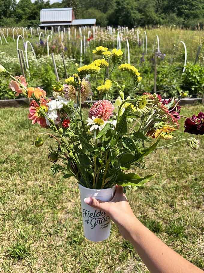 Your freshly picked bouquet in a branded bucket, ready to make your kitchen table infinitely more cheerful.