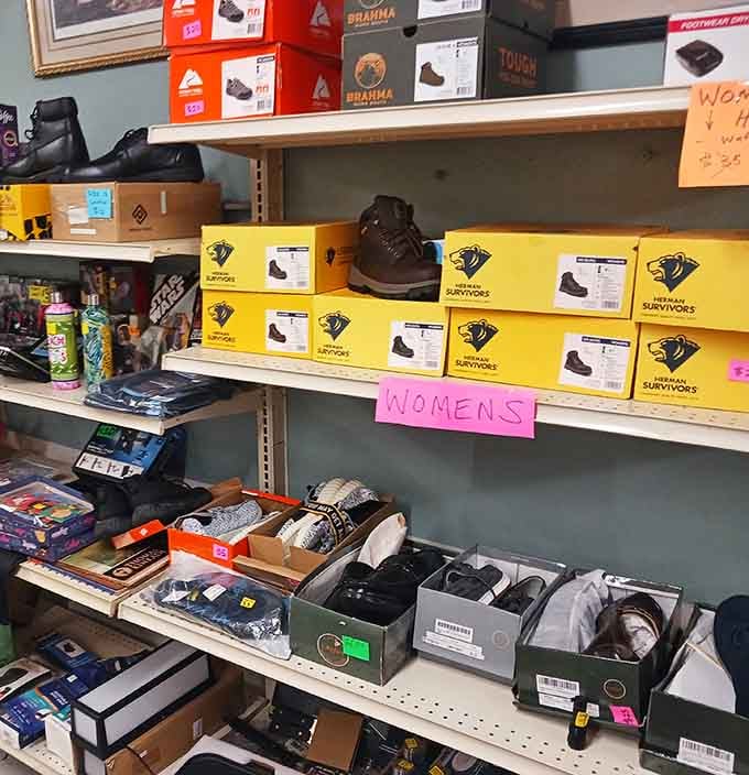 Work boots and footwear stacked like a practical person's paradise, proving function can meet affordability beautifully.
