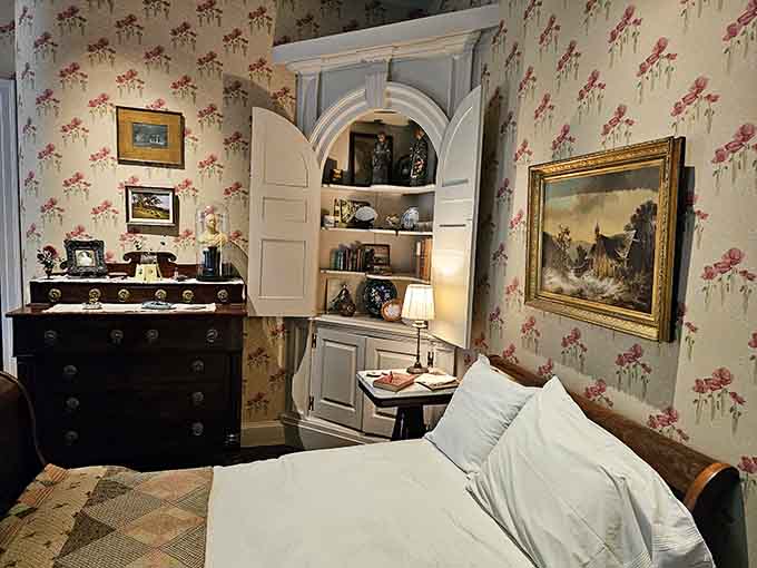 Even the guest bedrooms got the artistic treatment, complete with floral wallpaper that would make HGTV weep with joy.