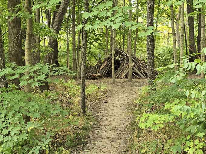 That rustic stick shelter along the trail looks like something woodland creatures built for their own secret forest meetings.