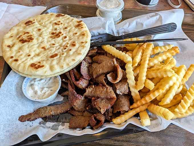 Who knew a gyro could coexist so peacefully with barbecue? This beautiful fusion proves anything is possible with pita.