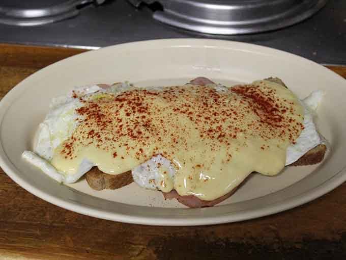 Eggs Benedict smothered in hollandaise and dusted with paprika: brunch done right without the two-hour wait or pretentious atmosphere.