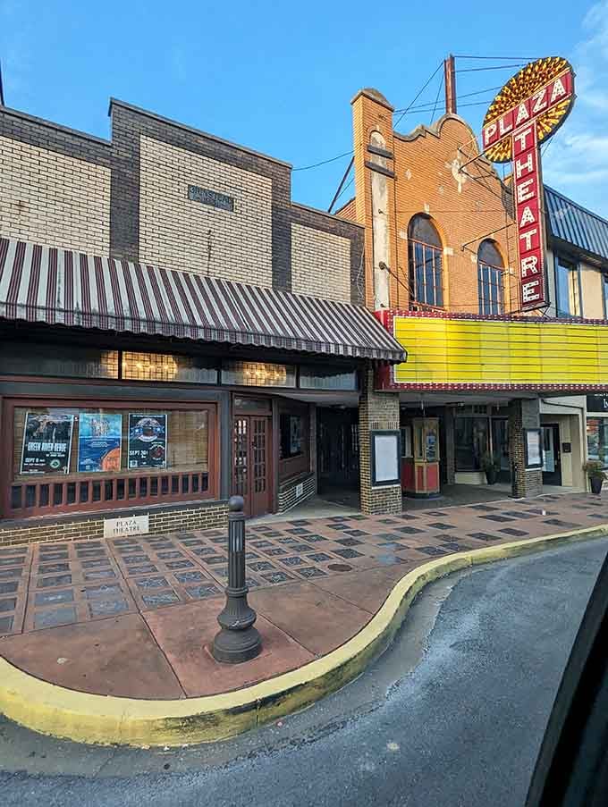 The Plaza Theatre's vintage marquee glows with nostalgia, back when movie theaters had actual personality and charm.
