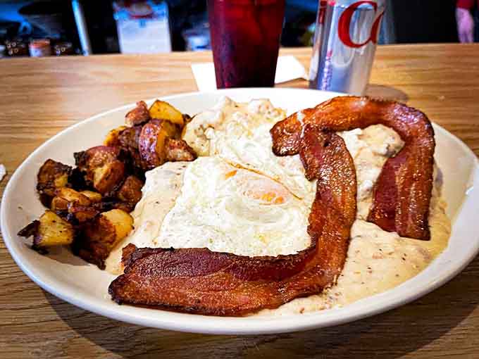 Classic breakfast done right: crispy bacon, fluffy eggs, and golden potatoes that actually taste like potatoes should.