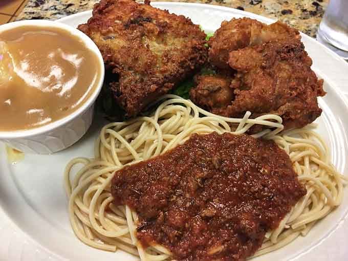 Golden fried chicken meets spaghetti in a combination that would make your Italian grandmother raise an eyebrow, then ask for seconds.