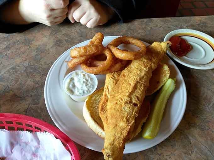 That golden-fried fish sandwich with onion rings looks like it could solve most of life's problems, honestly.